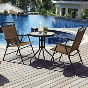 WYKDD 3 PCS Bistro Conversation Patio Pub Dining Set W/ 2 Folding Chairs & Glass Table Round Table