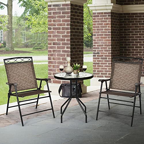 WYKDD 3 PCS Bistro Conversation Patio Pub Dining Set W/ 2 Folding Chairs & Glass Table Round Table