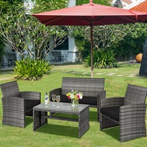 wykdd 4pcs patio rattan furniture set conversation glass table top sofa cushioned loveseat single chairs