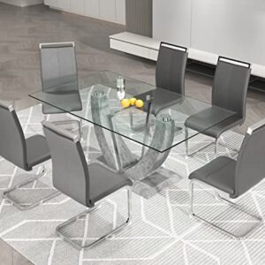 67" Rectangular Glass Dining Table Set for 6, Modern Rectangle Dining Table & Chair Sets for Kitchen Room, 67 inch Tempered Glass Table Top and PU Leather Dining Chairs with Silver Plating Legs, Grey