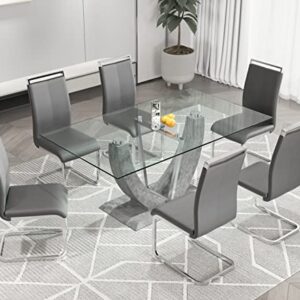 67" Rectangular Glass Dining Table Set for 6, Modern Rectangle Dining Table & Chair Sets for Kitchen Room, 67 inch Tempered Glass Table Top and PU Leather Dining Chairs with Silver Plating Legs, Grey