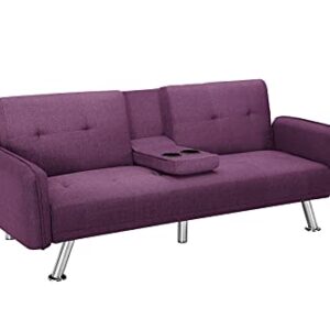 OYN Folding Modern Futon Sofa Loveseat Convertible Sleeper Couch Bed for Living Room Apartment Small Space Furniture Sets with 2 Cup Holders,Metal Legs, Removable Soft Square Armrest, Purple