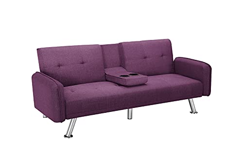 OYN Folding Modern Futon Sofa Loveseat Convertible Sleeper Couch Bed for Living Room Apartment Small Space Furniture Sets with 2 Cup Holders,Metal Legs, Removable Soft Square Armrest, Purple