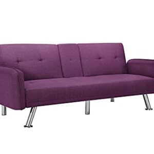 OYN Folding Modern Futon Sofa Loveseat Convertible Sleeper Couch Bed for Living Room Apartment Small Space Furniture Sets with 2 Cup Holders,Metal Legs, Removable Soft Square Armrest, Purple