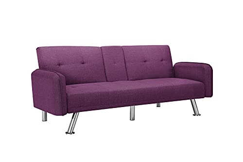 OYN Folding Modern Futon Sofa Loveseat Convertible Sleeper Couch Bed for Living Room Apartment Small Space Furniture Sets with 2 Cup Holders,Metal Legs, Removable Soft Square Armrest, Purple