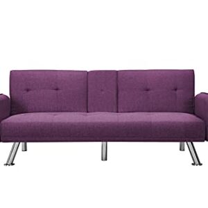 OYN Folding Modern Futon Sofa Loveseat Convertible Sleeper Couch Bed for Living Room Apartment Small Space Furniture Sets with 2 Cup Holders,Metal Legs, Removable Soft Square Armrest, Purple