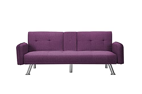 OYN Folding Modern Futon Sofa Loveseat Convertible Sleeper Couch Bed for Living Room Apartment Small Space Furniture Sets with 2 Cup Holders,Metal Legs, Removable Soft Square Armrest, Purple