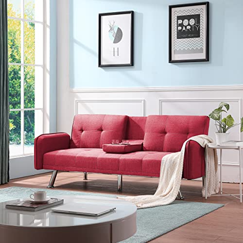 ERDAYE Folding Modern Futon Sofa Loveseat Convertible Sleeper Couch Bed for Living Room Apartment Small Space Furniture Sets with 2 Cup Holders,Metal Legs, Removable Soft Square Armrest,Red