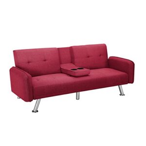 ERDAYE Folding Modern Futon Sofa Loveseat Convertible Sleeper Couch Bed for Living Room Apartment Small Space Furniture Sets with 2 Cup Holders,Metal Legs, Removable Soft Square Armrest,Red