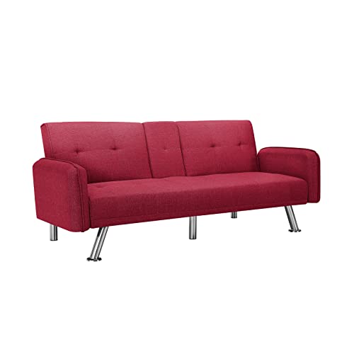 ERDAYE Folding Modern Futon Sofa Loveseat Convertible Sleeper Couch Bed for Living Room Apartment Small Space Furniture Sets with 2 Cup Holders,Metal Legs, Removable Soft Square Armrest,Red