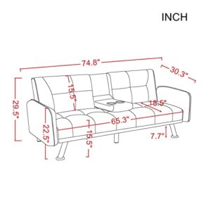 ERDAYE Folding Modern Futon Sofa Loveseat Convertible Sleeper Couch Bed for Living Room Apartment Small Space Furniture Sets with 2 Cup Holders,Metal Legs, Removable Soft Square Armrest,Red