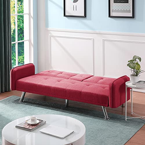 ERDAYE Folding Modern Futon Sofa Loveseat Convertible Sleeper Couch Bed for Living Room Apartment Small Space Furniture Sets with 2 Cup Holders,Metal Legs, Removable Soft Square Armrest,Red