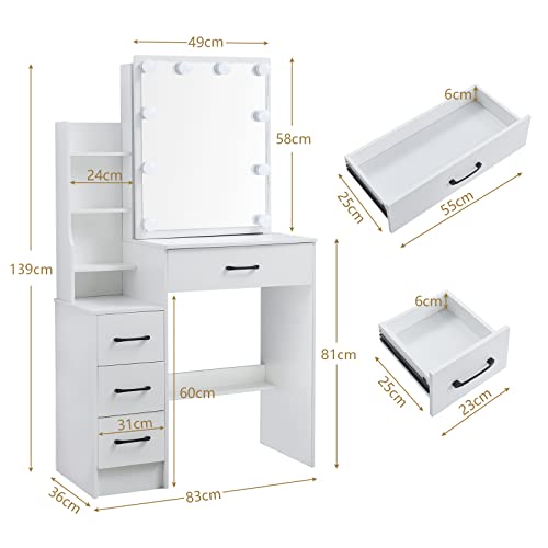 Jarbalai Makeup Vanity Dressing Table with Lighted Mirror and Drawers, Vanity Set Makeup Desk Dresser with Stool for Bedroom,White