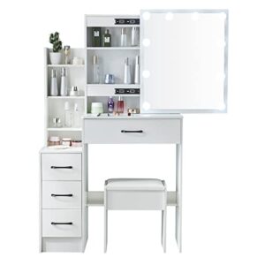 Jarbalai Makeup Vanity Dressing Table with Lighted Mirror and Drawers, Vanity Set Makeup Desk Dresser with Stool for Bedroom,White