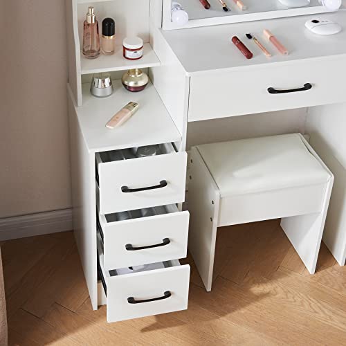 Jarbalai Makeup Vanity Dressing Table with Lighted Mirror and Drawers, Vanity Set Makeup Desk Dresser with Stool for Bedroom,White