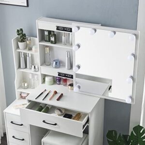 Jarbalai Makeup Vanity Dressing Table with Lighted Mirror and Drawers, Vanity Set Makeup Desk Dresser with Stool for Bedroom,White