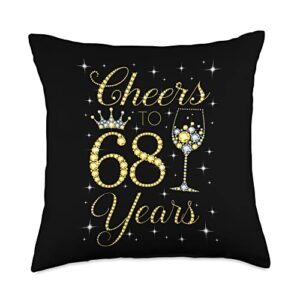 yellow wine crown 68th birthday women girl lady cheers to 68 years old 68th birthday gift for women ladies throw pillow, 18x18, multicolor