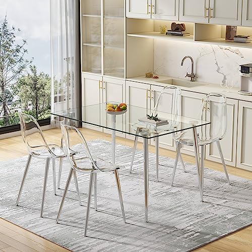 51 inch Glass Dining Table Set for 4, Dining Table & Chair Sets with Silver Plating Legs for Kitchen, Modern Rectangle Tempered Glass Table Top and Transparent Plastic Dining Chair for Dining Room