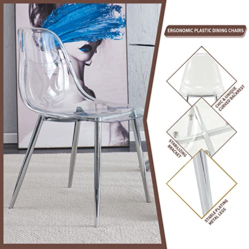 51 inch Glass Dining Table Set for 4, Dining Table & Chair Sets with Silver Plating Legs for Kitchen, Modern Rectangle Tempered Glass Table Top and Transparent Plastic Dining Chair for Dining Room