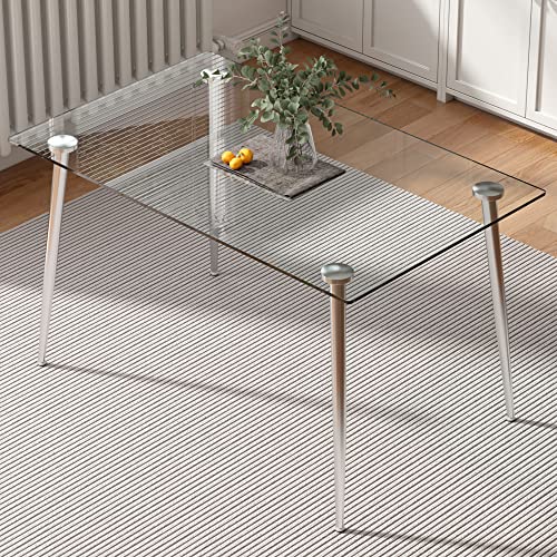 51 inch Glass Dining Table Set for 4, Dining Table & Chair Sets with Silver Plating Legs for Kitchen, Modern Rectangle Tempered Glass Table Top and Transparent Plastic Dining Chair for Dining Room