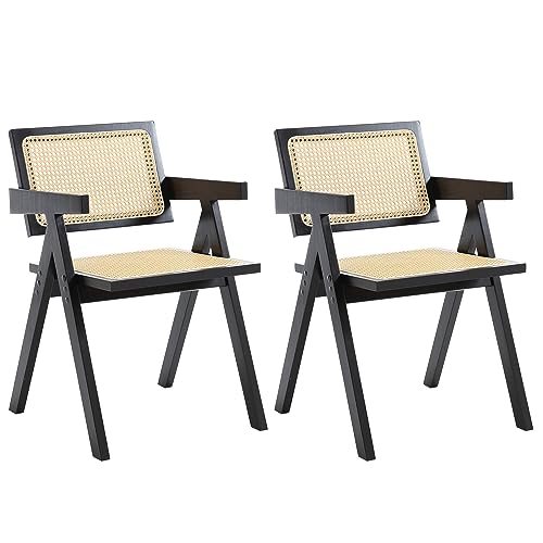 civama Rattan Dining Chairs Set of 2, Retro Woven Chairs for Dining Room Mid-Century Modern Armchairs, Breathable Rattan Back & Seat, Solid Wooden Frame, Kitchen Chairs for Home Restaurant, Black