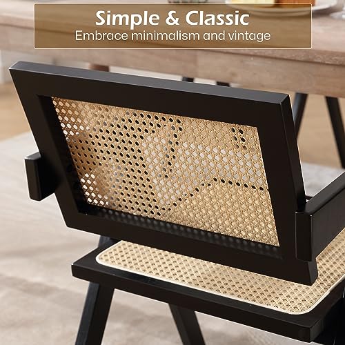 civama Rattan Dining Chairs Set of 2, Retro Woven Chairs for Dining Room Mid-Century Modern Armchairs, Breathable Rattan Back & Seat, Solid Wooden Frame, Kitchen Chairs for Home Restaurant, Black