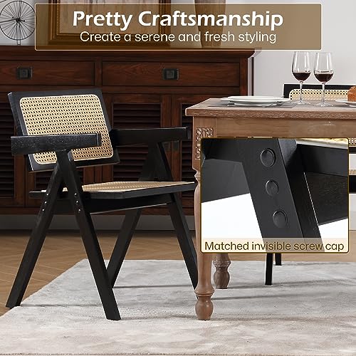 civama Rattan Dining Chairs Set of 2, Retro Woven Chairs for Dining Room Mid-Century Modern Armchairs, Breathable Rattan Back & Seat, Solid Wooden Frame, Kitchen Chairs for Home Restaurant, Black