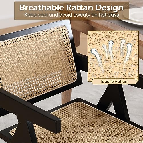 civama Rattan Dining Chairs Set of 2, Retro Woven Chairs for Dining Room Mid-Century Modern Armchairs, Breathable Rattan Back & Seat, Solid Wooden Frame, Kitchen Chairs for Home Restaurant, Black