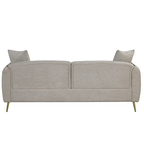 Voohek Velvet Upholstered w/Armrest Pockets, 2 Throw Pillows and Golden Metal Leg for Living Room, Apartment, Bedroom, Office, 3-Seater Sofa, Gray