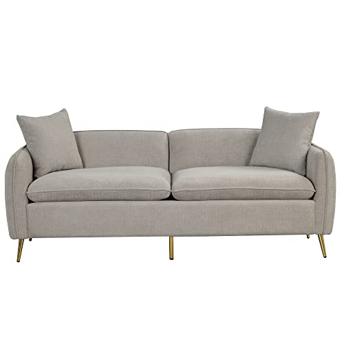 Voohek Velvet Upholstered w/Armrest Pockets, 2 Throw Pillows and Golden Metal Leg for Living Room, Apartment, Bedroom, Office, 3-Seater Sofa, Gray