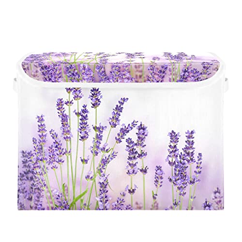 WELLDAY Lavender Flowers Storage Baskets Foldable Cube Storage Bin with Lids and Handle, 16.5x12.6x11.8 In Storage Boxes for Toys, Shelves, Closet, Bedroom, Nursery