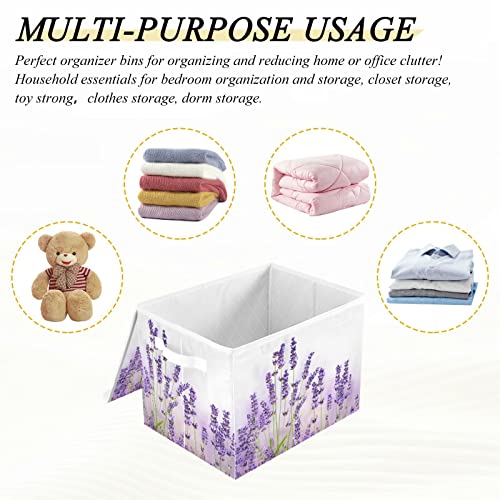 WELLDAY Lavender Flowers Storage Baskets Foldable Cube Storage Bin with Lids and Handle, 16.5x12.6x11.8 In Storage Boxes for Toys, Shelves, Closet, Bedroom, Nursery