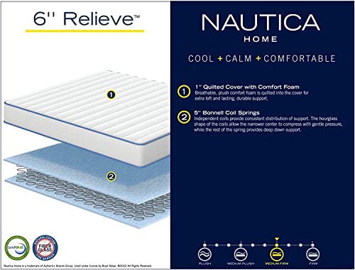 Nautica Home, 6" Relieve Innerspring Hybrid Mattress, Quilted Memory Foam Cover, High Density Comfort Latex Foam Layer with Bonnell Support Coil Springs Base