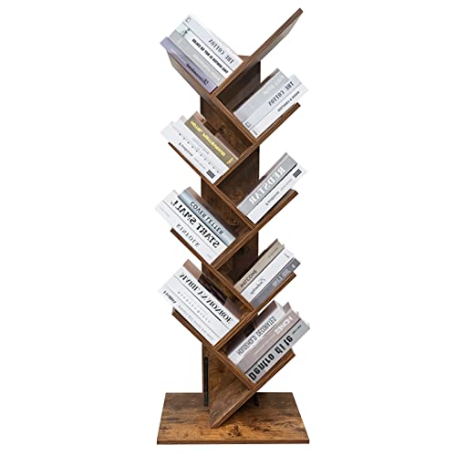 PRIJESSE 9 Shelf Tree Bookshelf, Retro Wood Bookcase, Free-Standing Storage Shelves Books Holder Organizer for Living Room, Bedroom, Kid's Room, Home Office