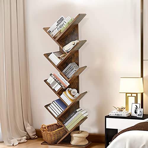 PRIJESSE 9 Shelf Tree Bookshelf, Retro Wood Bookcase, Free-Standing Storage Shelves Books Holder Organizer for Living Room, Bedroom, Kid's Room, Home Office