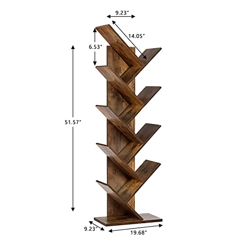 PRIJESSE 9 Shelf Tree Bookshelf, Retro Wood Bookcase, Free-Standing Storage Shelves Books Holder Organizer for Living Room, Bedroom, Kid's Room, Home Office