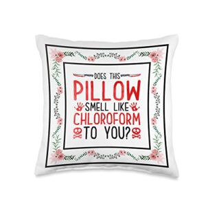 murder show & murderino true crime gifts for women true crime smell like chloroform, murder show throw pillow, 16x16, multicolor