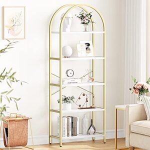 idealhouse bookshelf 5 tier bookcase arched display racks tall standing bookshelves metal frame modern storage rack shelf large wood book shelf for bedroom, living room, home office, white/gold