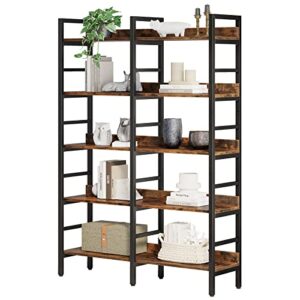 little tree 5-tier industrial bookshelf, 70.9” h double wide bookcase, rustic brown