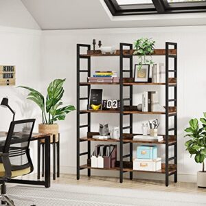 LITTLE TREE 5-Tier Industrial Bookshelf, 70.9” H Double Wide Bookcase, Rustic Brown