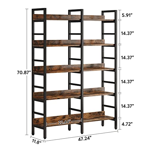 LITTLE TREE 5-Tier Industrial Bookshelf, 70.9” H Double Wide Bookcase, Rustic Brown