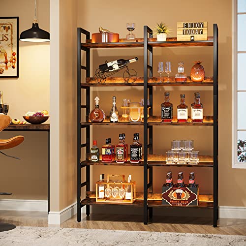 LITTLE TREE 5-Tier Industrial Bookshelf, 70.9” H Double Wide Bookcase, Rustic Brown