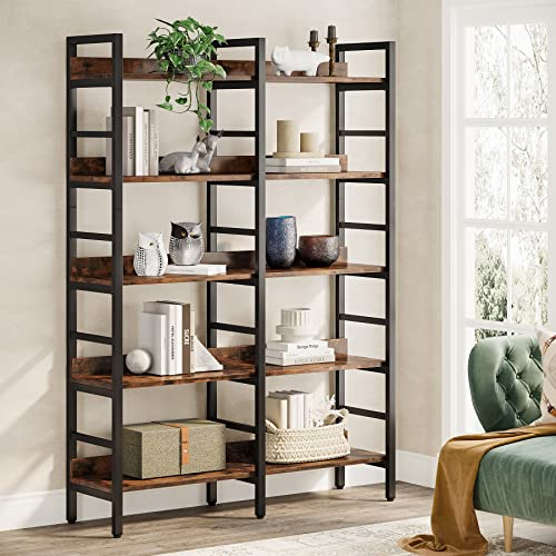 LITTLE TREE 5-Tier Industrial Bookshelf, 70.9” H Double Wide Bookcase, Rustic Brown