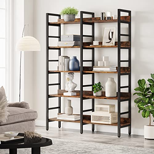 LITTLE TREE 5-Tier Industrial Bookshelf, 70.9” H Double Wide Bookcase, Rustic Brown