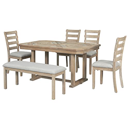 ERDAYE 6-Piece Rubber Dining Table Set with Beautiful Grain Pattern Solid Wood Tabletop and Soft Cushion on Chairs and Bench,Modern Family Kitchen & Dining Room Furniture Suit, Natural Wash