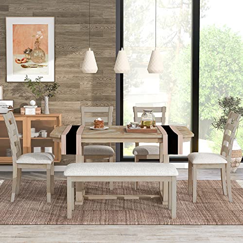 ERDAYE 6-Piece Rubber Dining Table Set with Beautiful Grain Pattern Solid Wood Tabletop and Soft Cushion on Chairs and Bench,Modern Family Kitchen & Dining Room Furniture Suit, Natural Wash