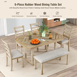 ERDAYE 6-Piece Rubber Dining Table Set with Beautiful Grain Pattern Solid Wood Tabletop and Soft Cushion on Chairs and Bench,Modern Family Kitchen & Dining Room Furniture Suit, Natural Wash