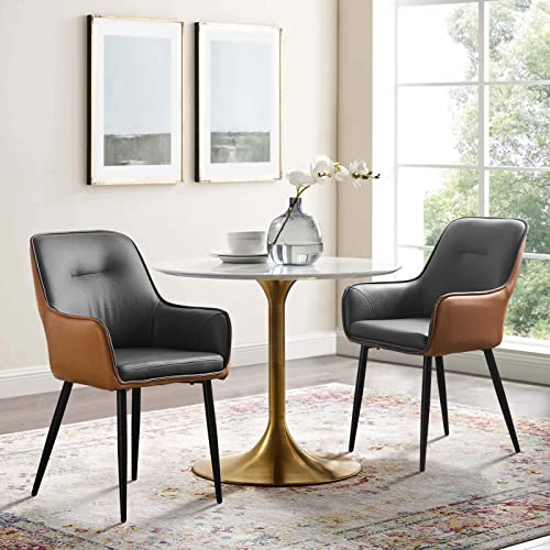 CLIPOP Mid-Century Modern Dining Chairs Set of 2, Faux Leather Living Room Accent Chair with Metal Leg, Upholstered Padded, 2 Colors Kitchen Side Chair, Leisure Armchair for Guest Lounge, Grey&Brown