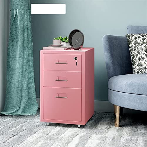 HIGOH Bedside Table Drawer Locker Under Desk Small Metal Lockable Bedside Table with Wheels for Office Home Pink