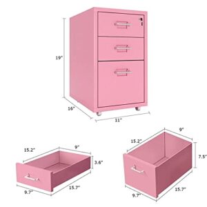 HIGOH Bedside Table Drawer Locker Under Desk Small Metal Lockable Bedside Table with Wheels for Office Home Pink